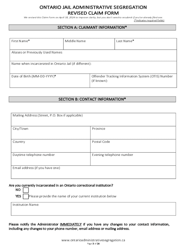 Fillable Online Ontario Jail Administrative Segregation Revised Claim ...