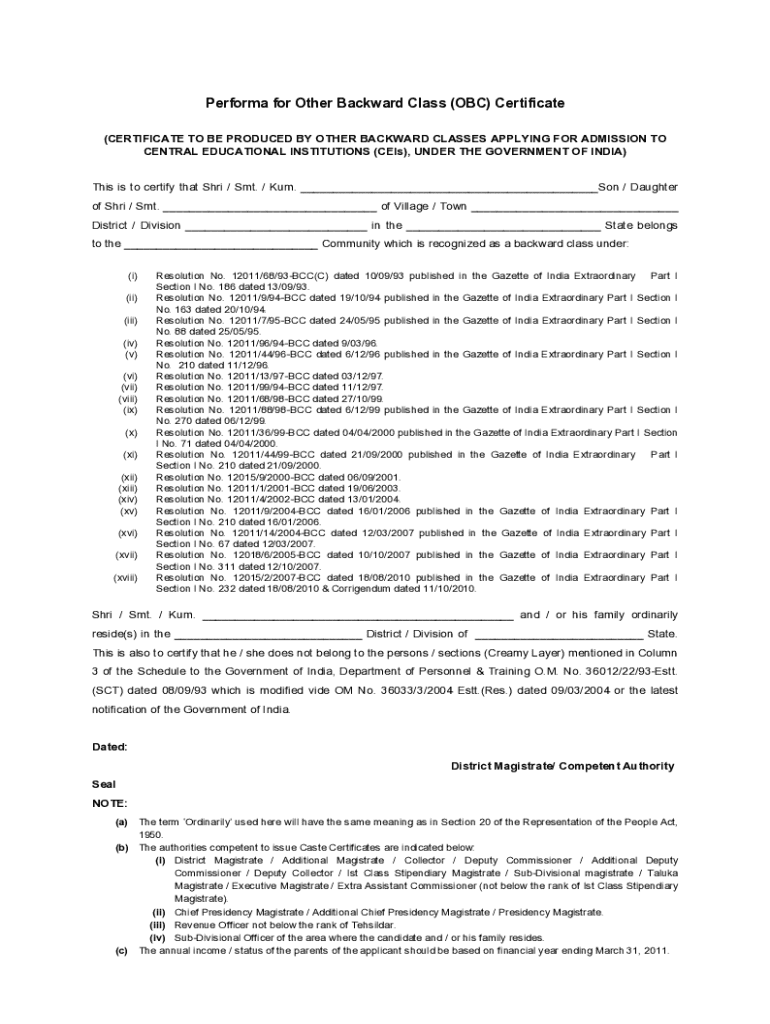 Fillable Online Performa for Other Backward Class (obc) Certificate Fax ...