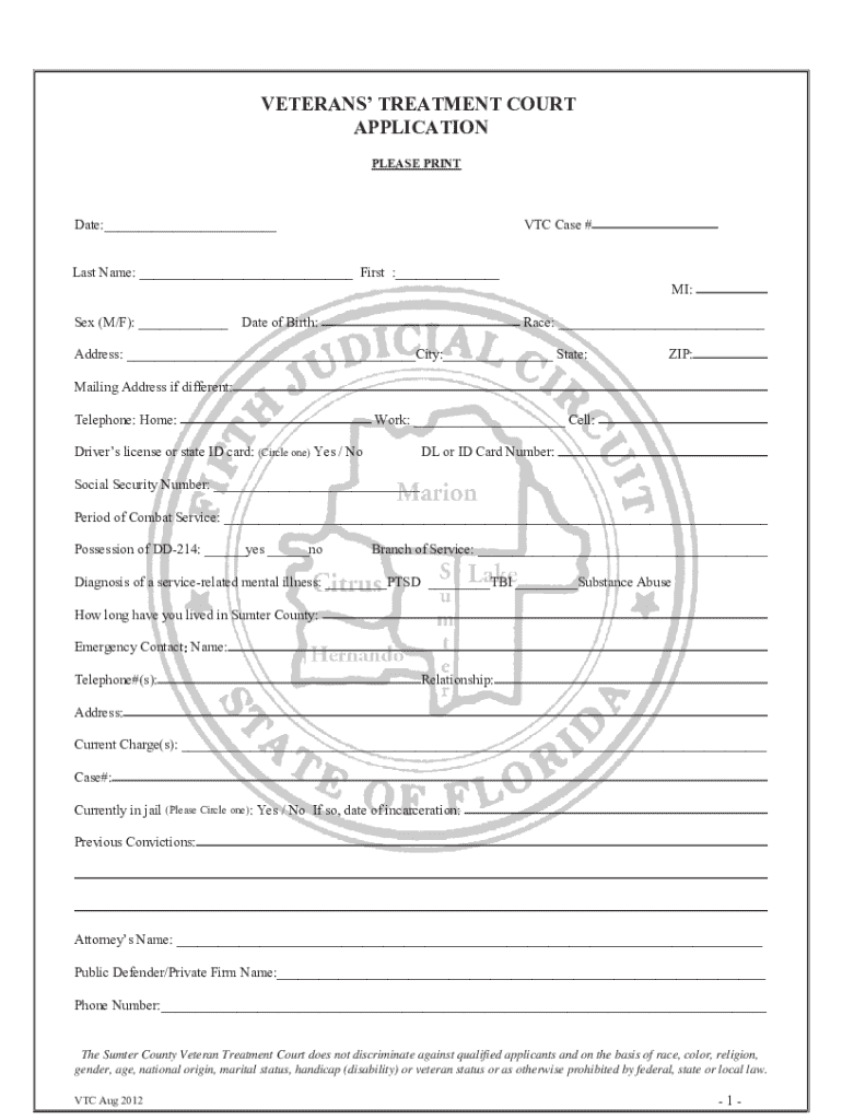 Fillable Online Sumter County Veterans’ Treatment Court Intake ...