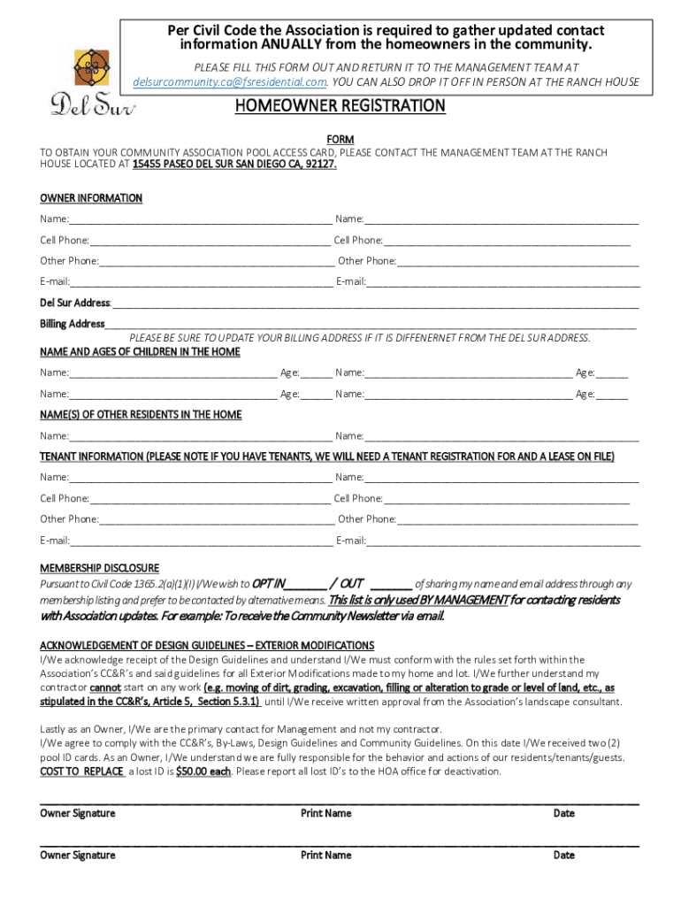 Fillable Online Homeowner Registration and Acknowledgement Form Fax ...