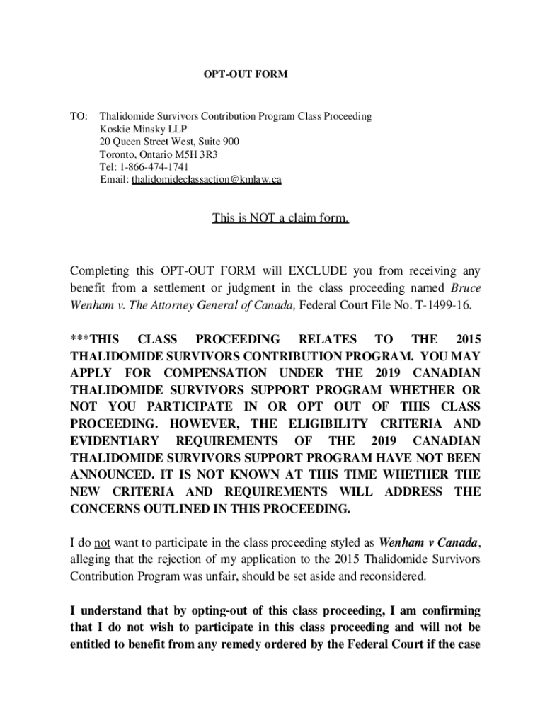 Fillable Online Thalidomide Survivors Contribution Program Opt-out Fax ...