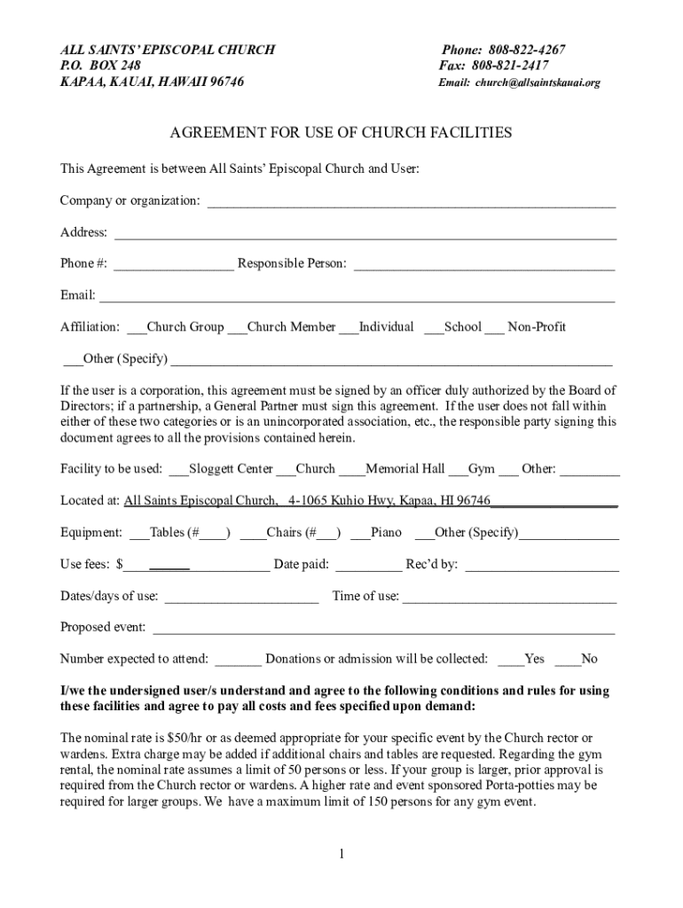 Fillable Online Agreement for Use of Church Facilities Fax Email Print ...