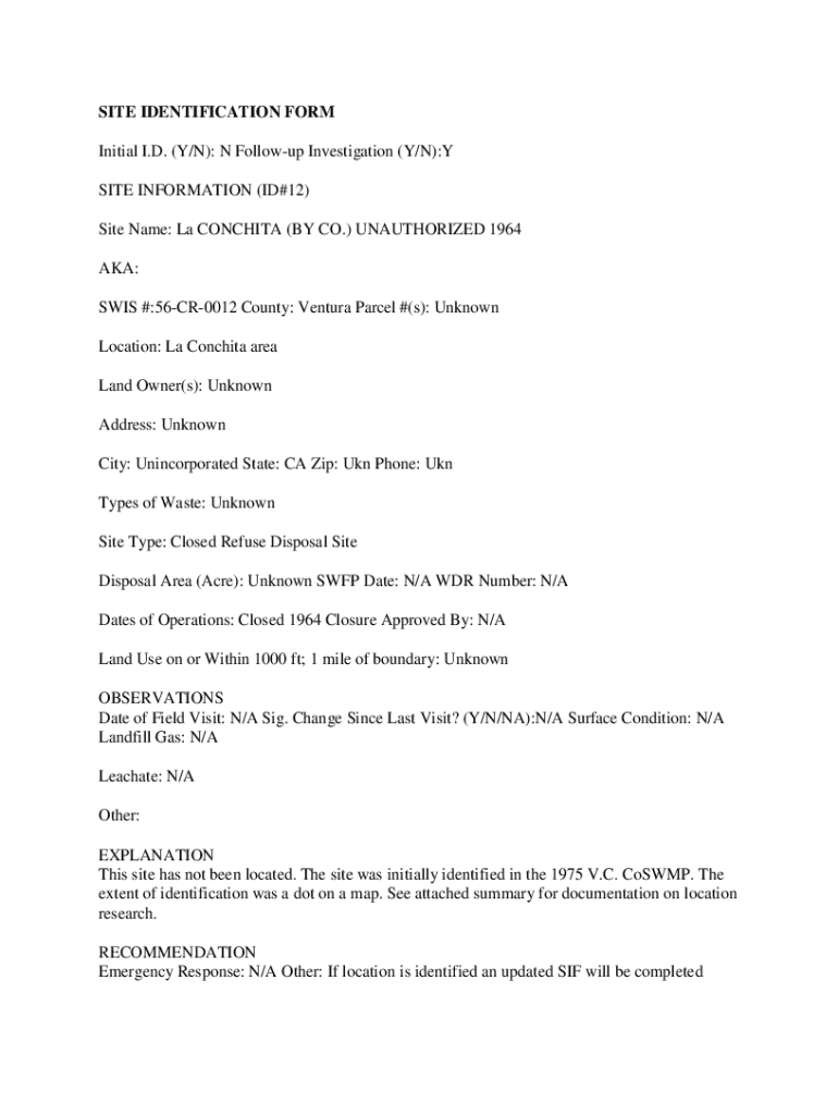 Fillable Online Site Identification for La Conchita Fax Email Print ...