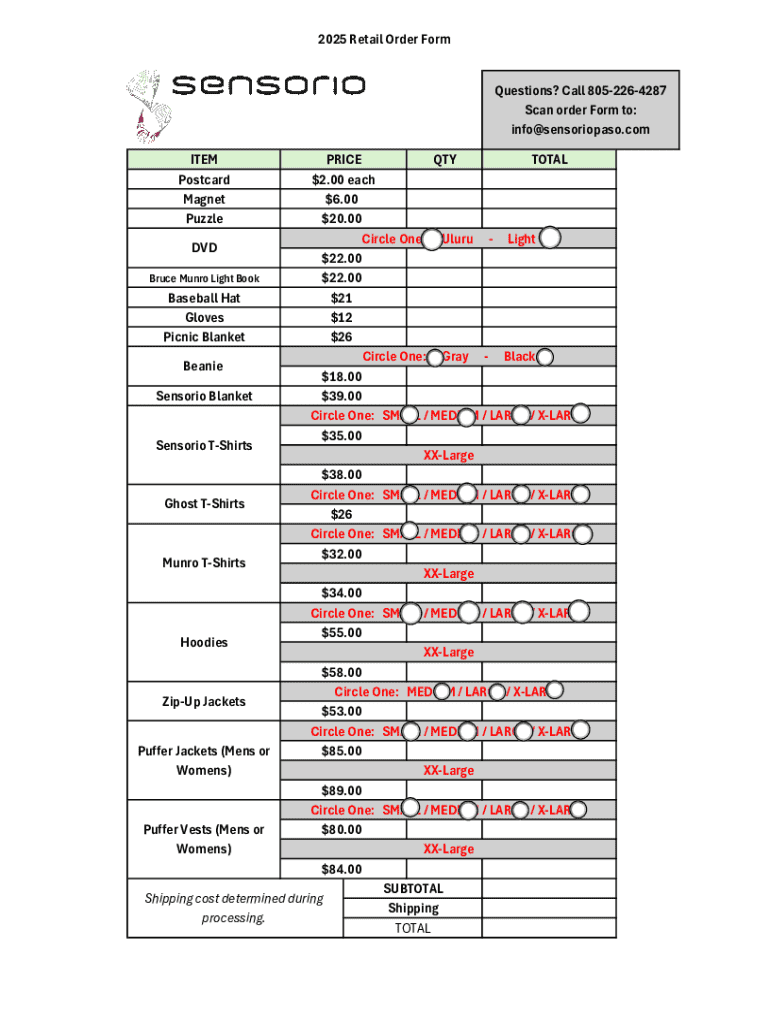 Fillable Online 2025 Retail Order Form Fax Email Print - pdfFiller