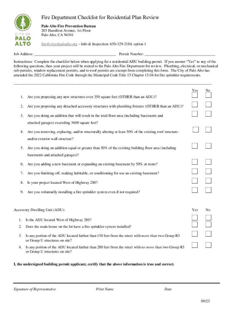 Fillable Online Fire Department Checklist for Residential Plan Review ...