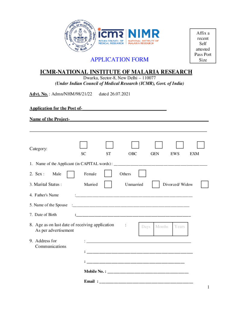 Fillable Online Icmr-national Institute of Malaria Research Application ...