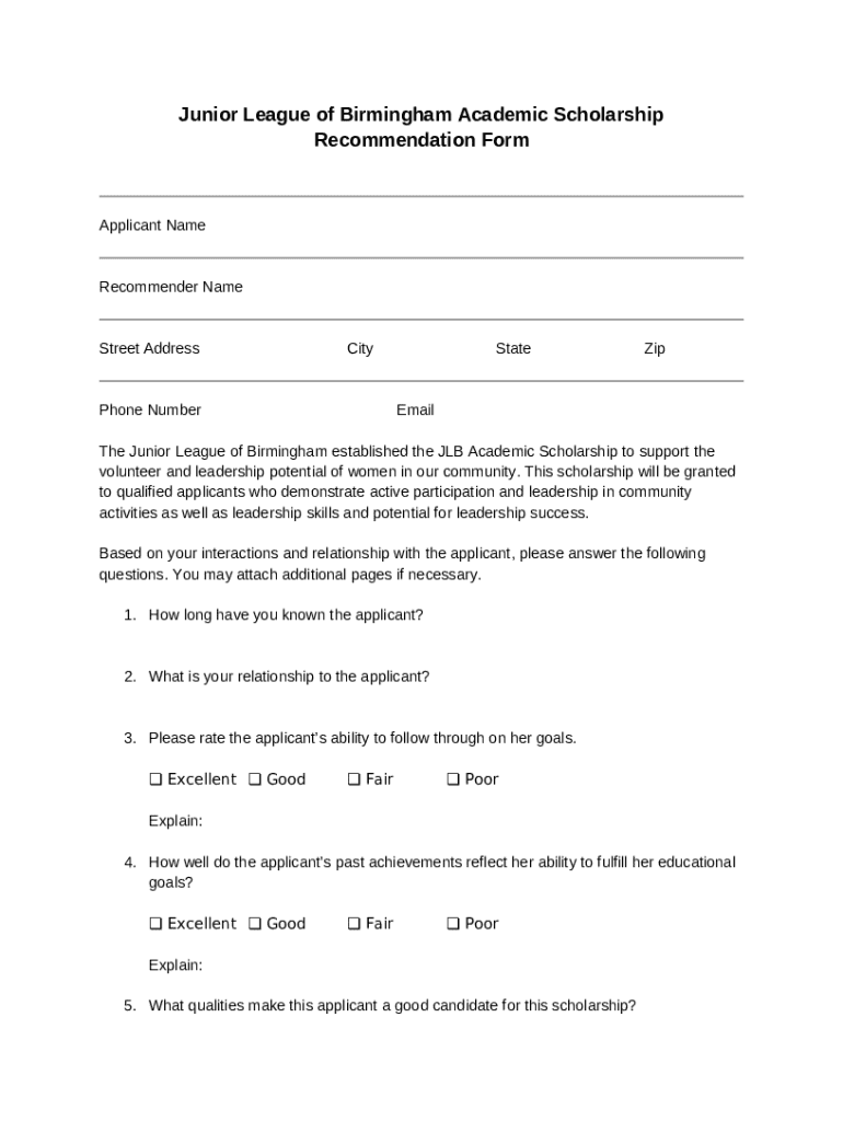 Junior League of Birmingham Academic Scholarship Recommendation Doc Template | pdfFiller