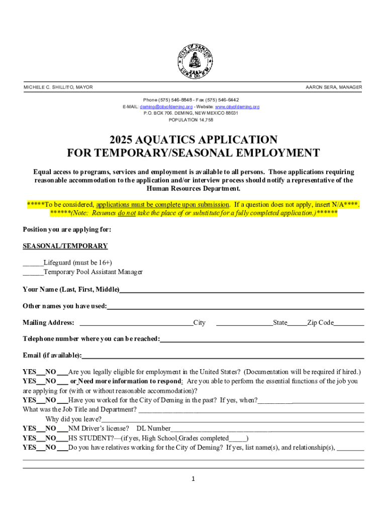 Fillable Online 2025 Aquatics Application for Temporary/seasonal ...