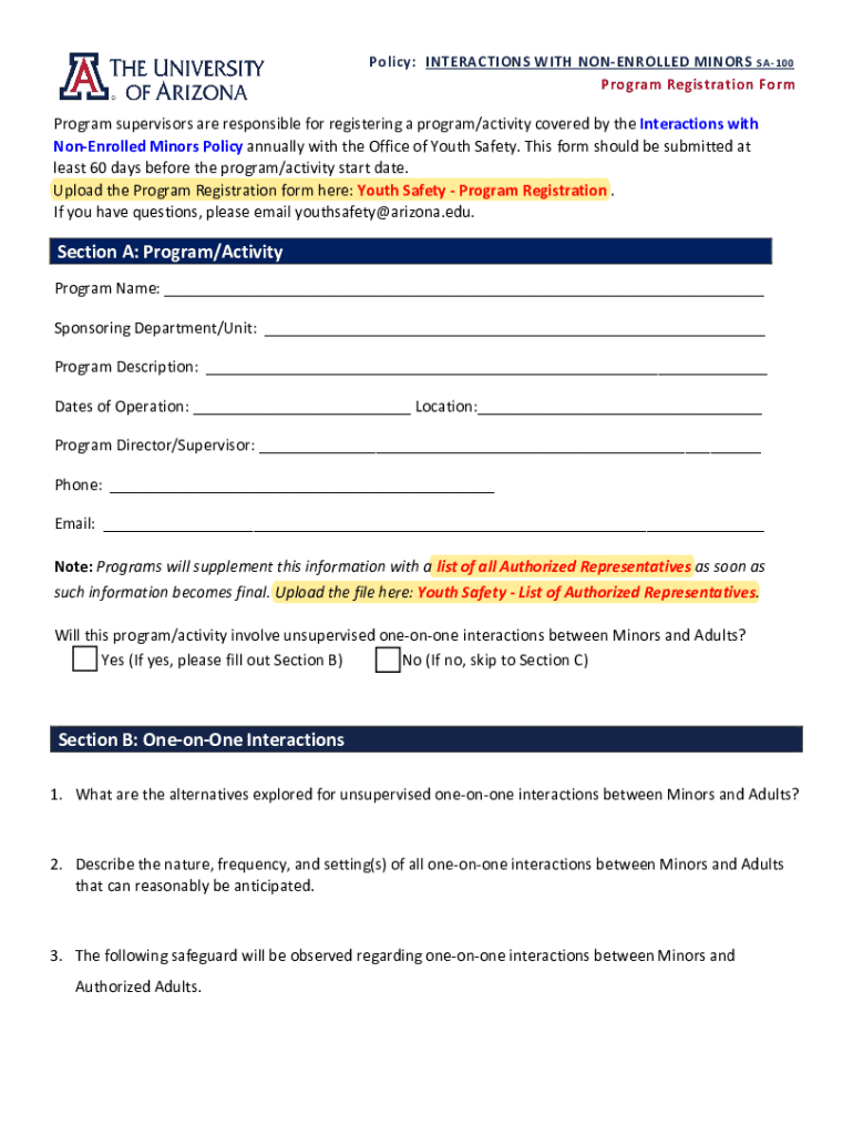 Fillable Online Interactions With Non-enrolled Minors Program Registration Fax Email Print ...