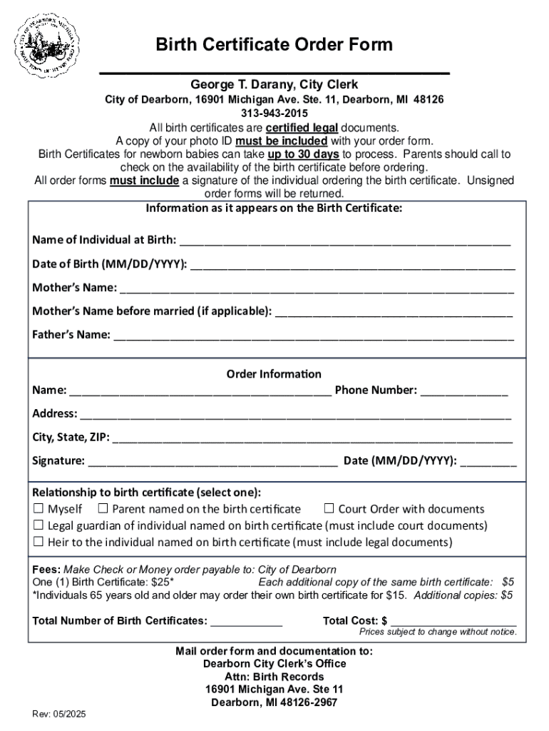 Fillable Online Birth Certificate Order Form Fax Email Print - pdfFiller