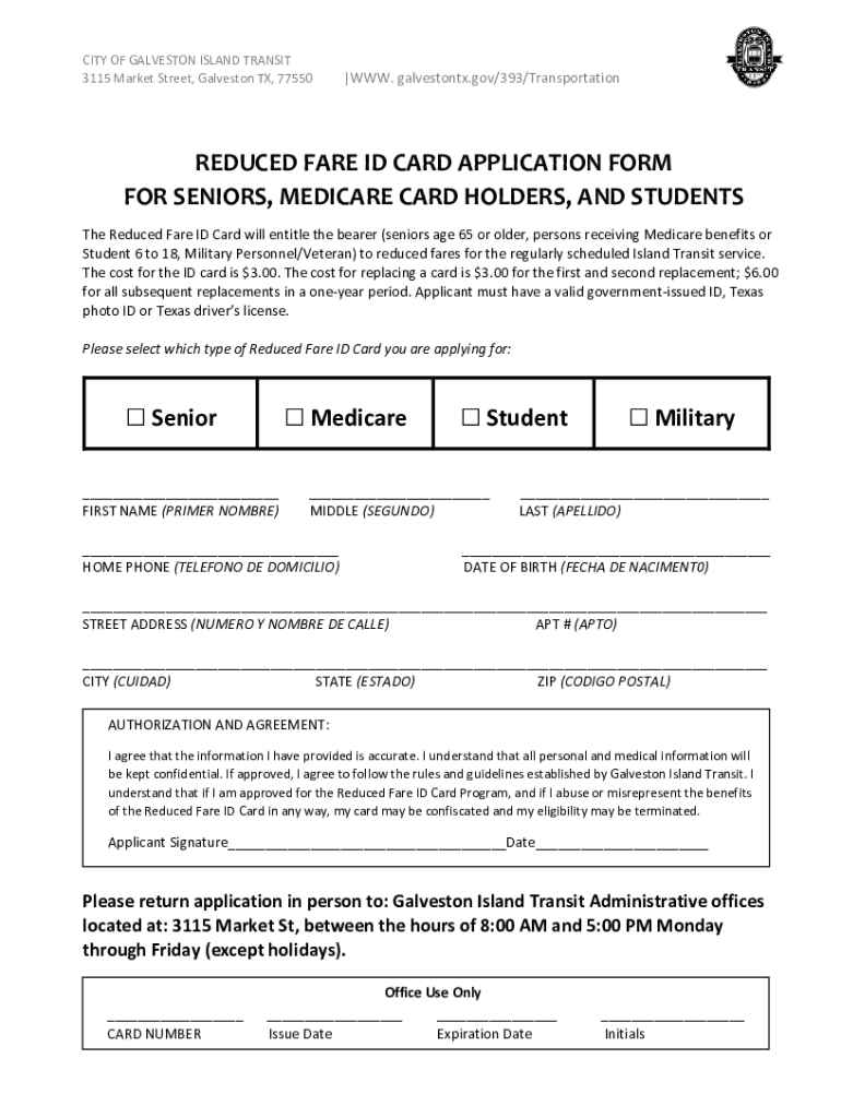 Fillable Online Reduced Fare Id Card Application for Seniors, Medicare ...