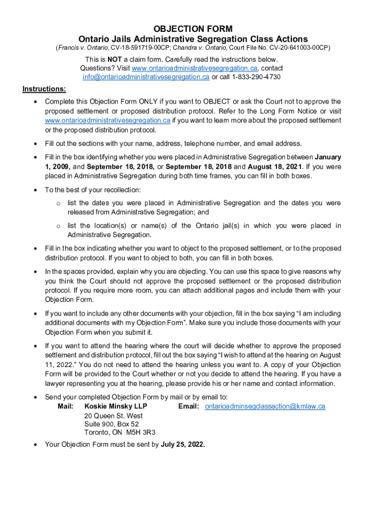 Fillable Online Ontario Jails Administrative Segregation Class Actions ...