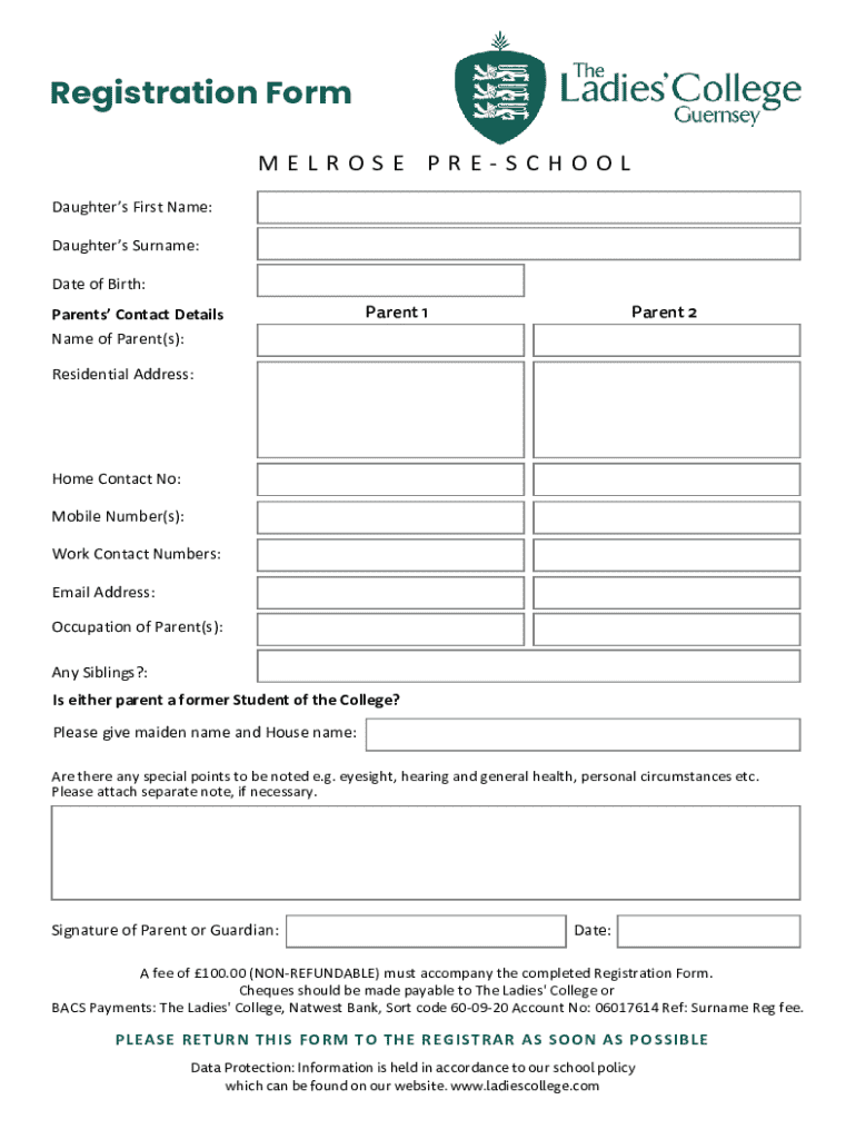 Fillable Online Melrose Pre-school Registration Form Fax Email Print - pdfFiller