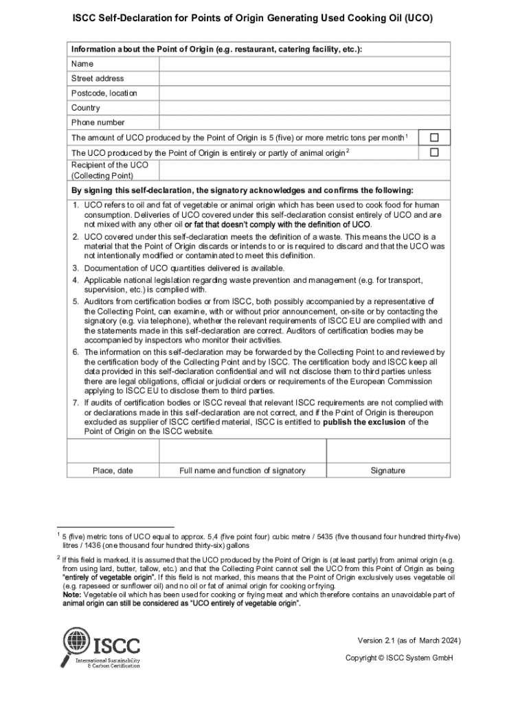 Fillable Online Iscc Self-declaration for Points of Origin Generating ...