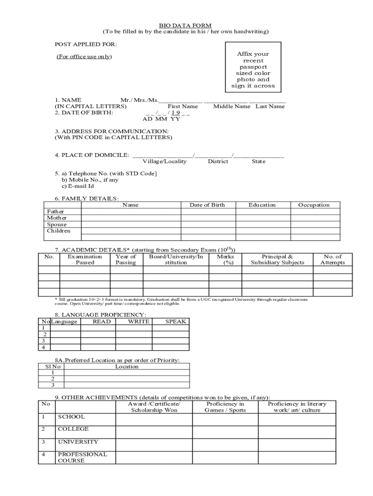 Fillable Online Bio Data Form Fax Email Print - pdfFiller