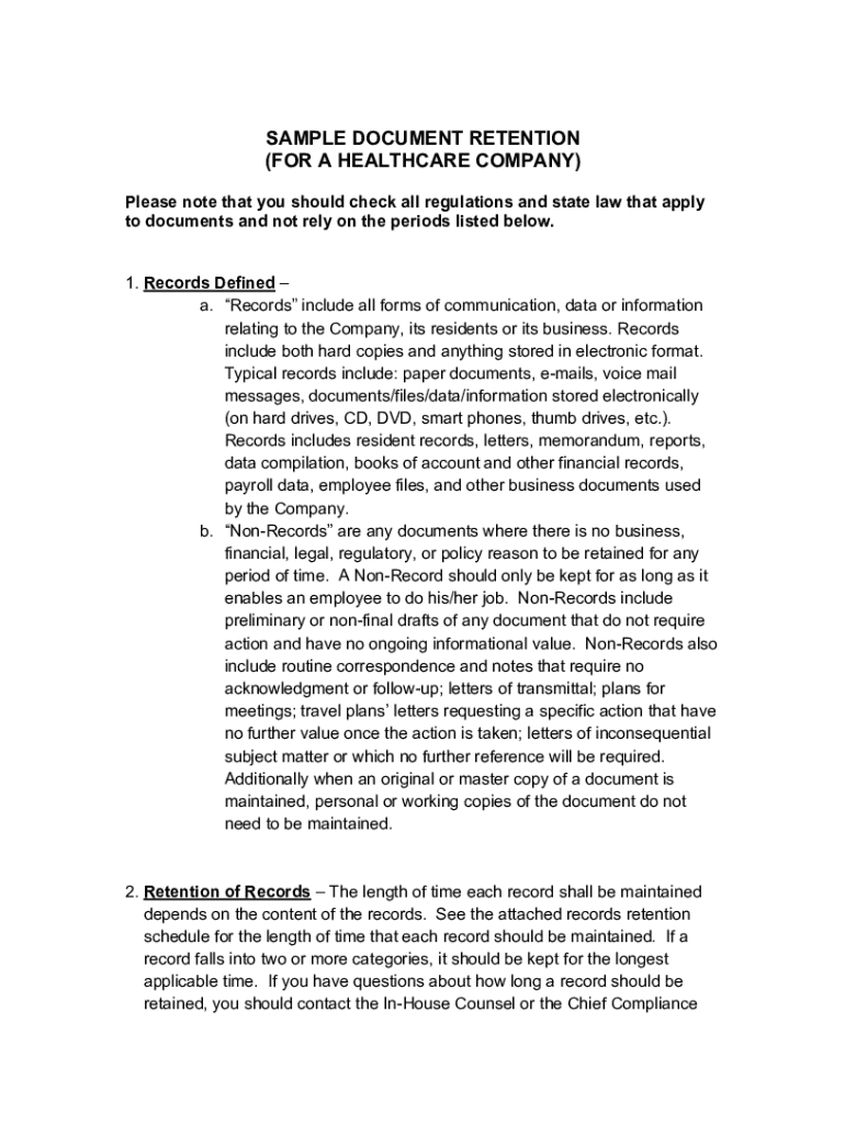 Fillable Online Document Retention Policy for a Healthcare Company Fax Email Print - pdfFiller