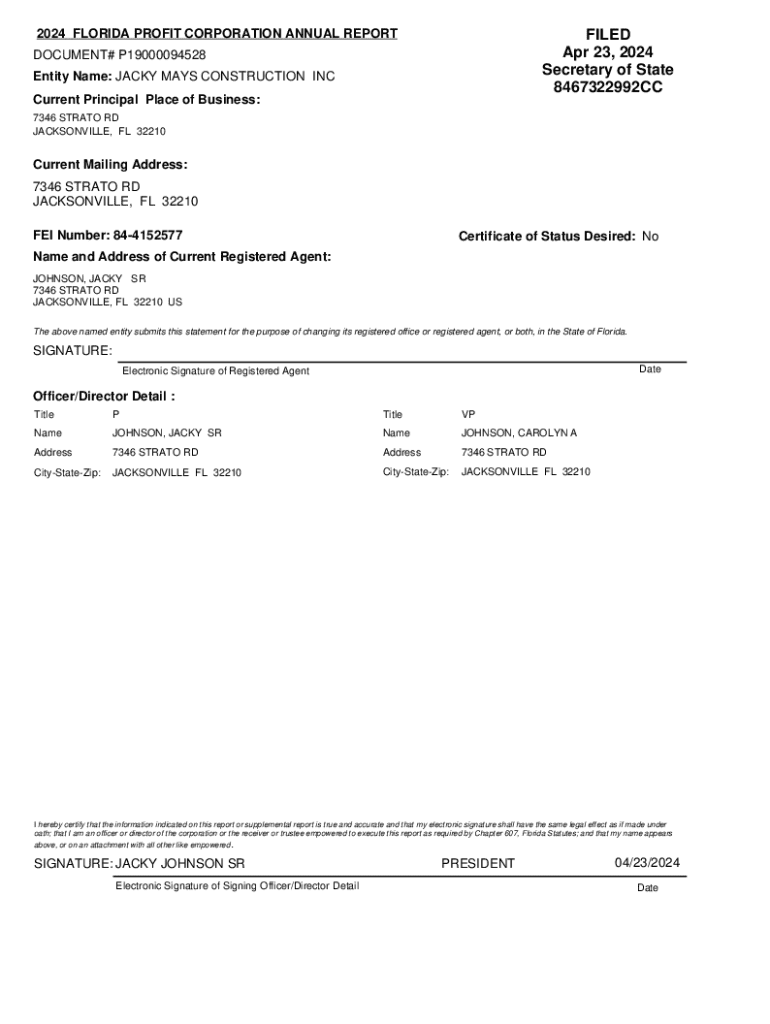 Fillable Online Florida Profit Corporation Annual Report 2024 Fax Email ...
