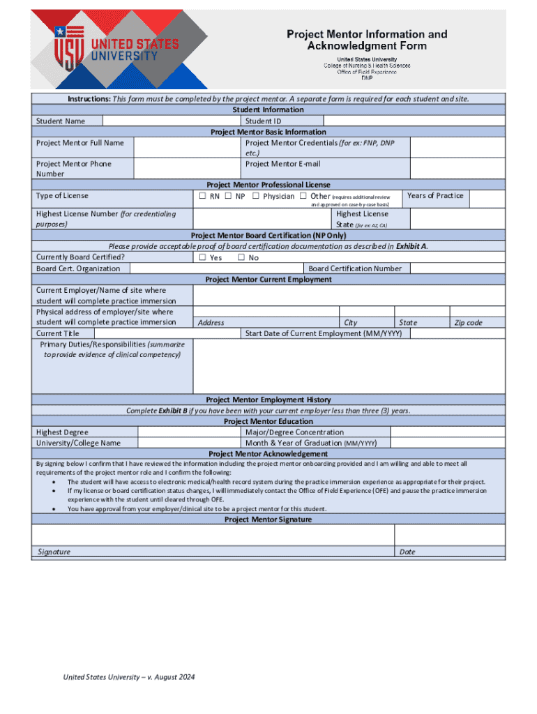 Fillable Online Project Mentor Information and Acknowledgement Form Instructions Fax Email Print ...