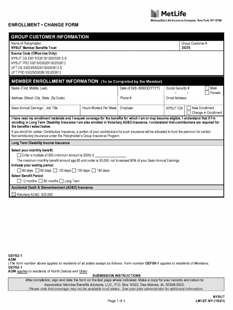 Fillable Online Metlife Enrollment/change Form Fax Email Print - pdfFiller