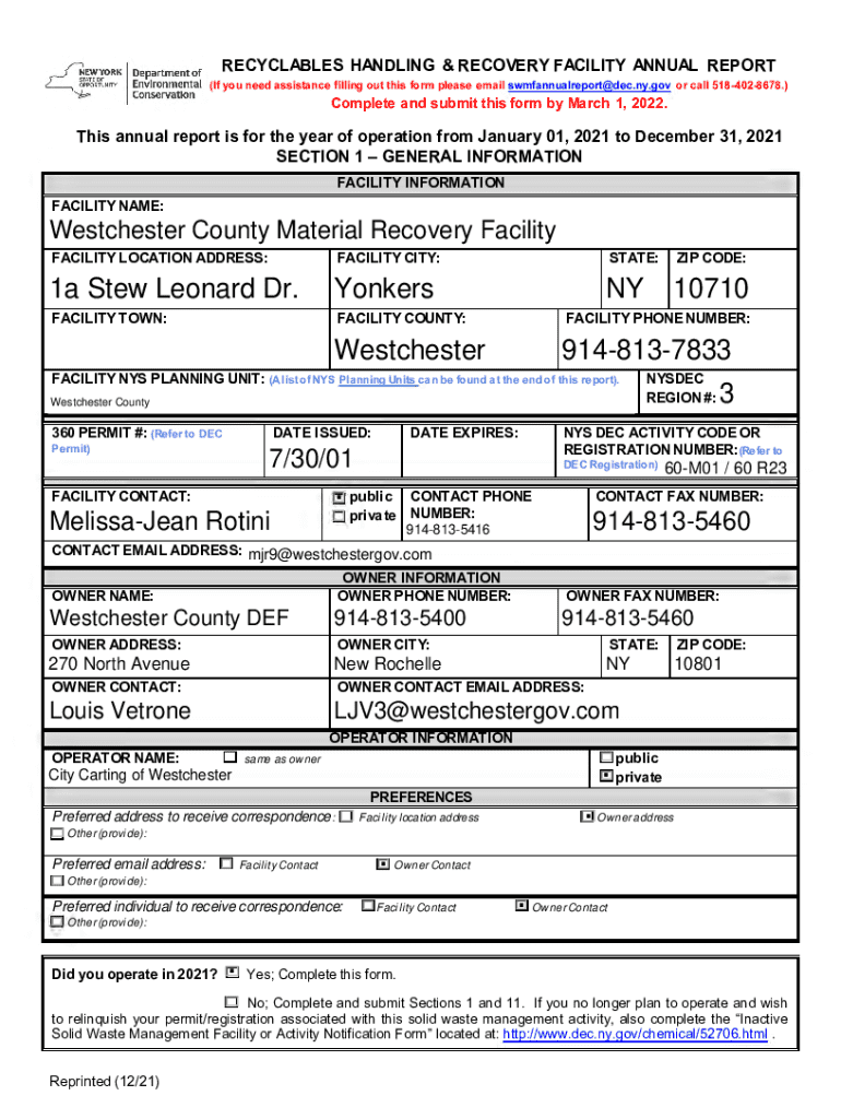 Fillable Online Westchester County Recyclables Handling & Recovery Facility Annual Report ...