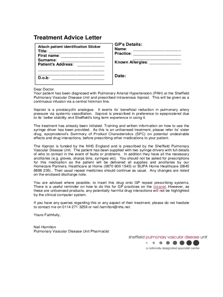 Fillable Online Treatment Advice Letter for Pulmonary Arterial Hypertension Fax Email Print ...