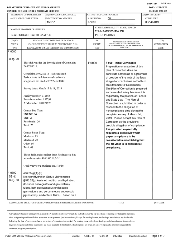 Fillable Online Statement of Deficiencies and Plan of Correction Fax ...