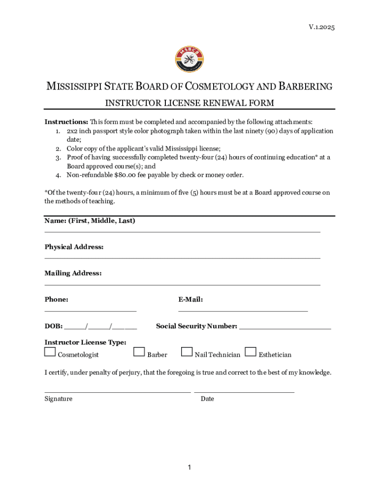 Fillable Online Mississippi State Board of Cosmetology and Barbering ...
