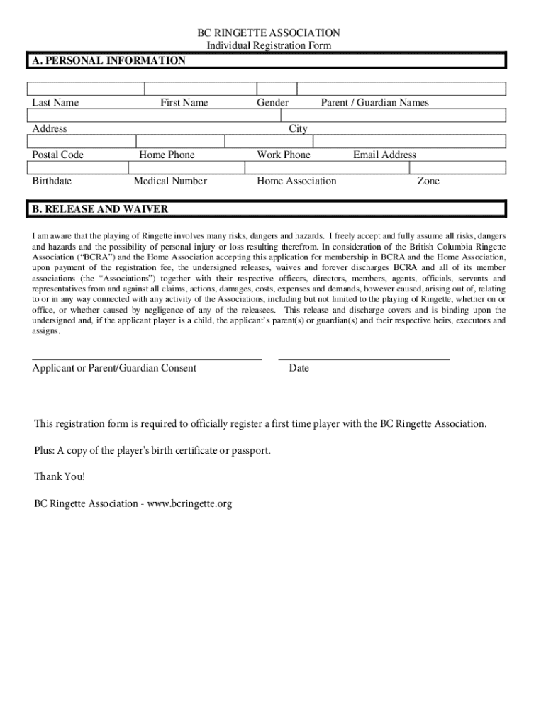 Fillable Online Bc Ringette Association Individual Registration Form Fax Email Print - pdfFiller