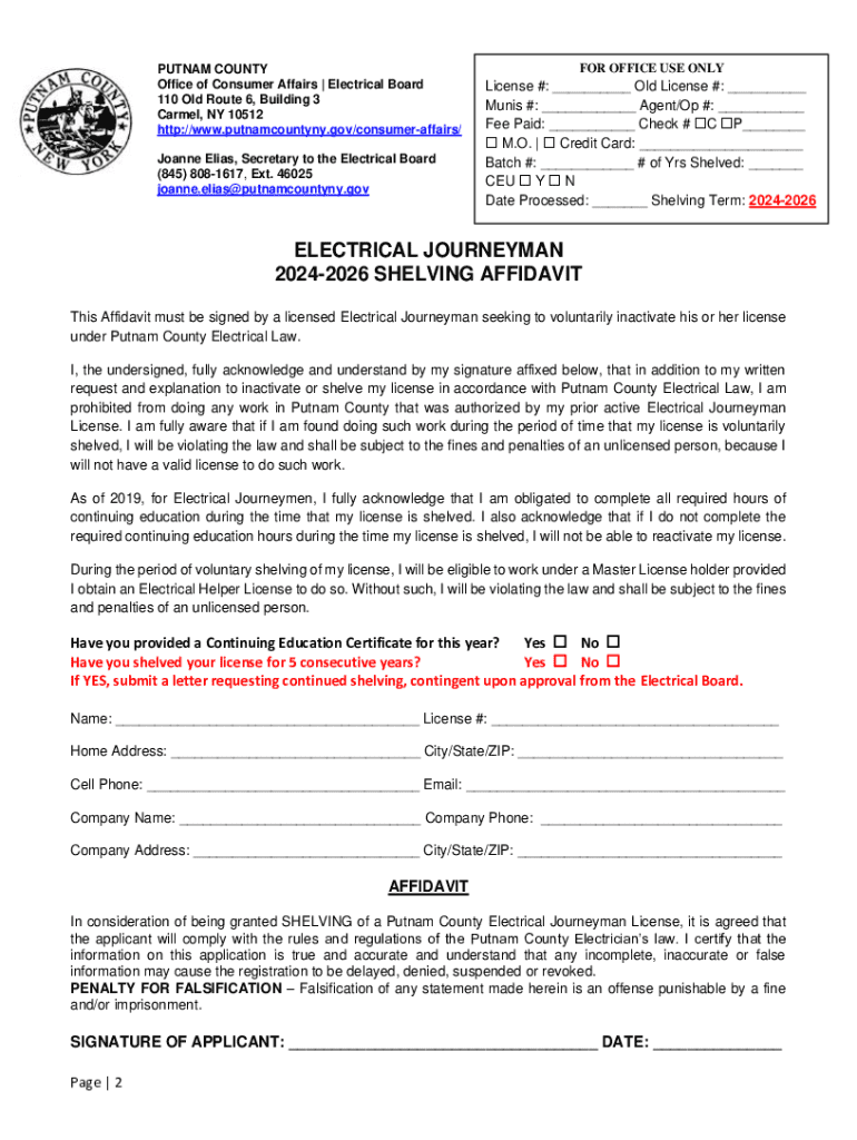 Fillable Online Putnam County Electrical Journeyman Shelving Affidavit ...