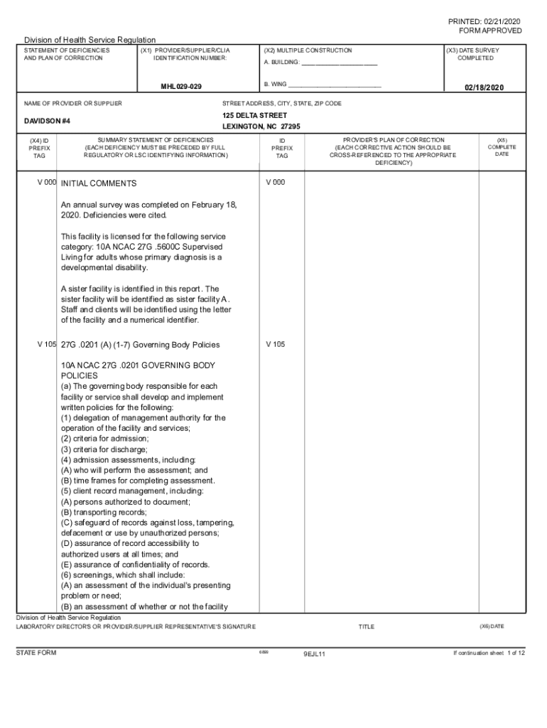 Fillable Online Statement of Deficiencies and Plan of Correction Fax ...