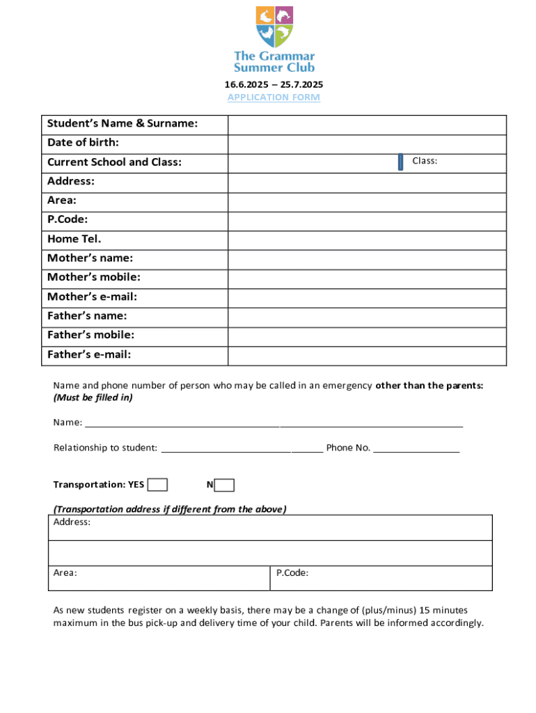 Fillable Online Grammar Summer Club Application Fax Email Print - pdfFiller