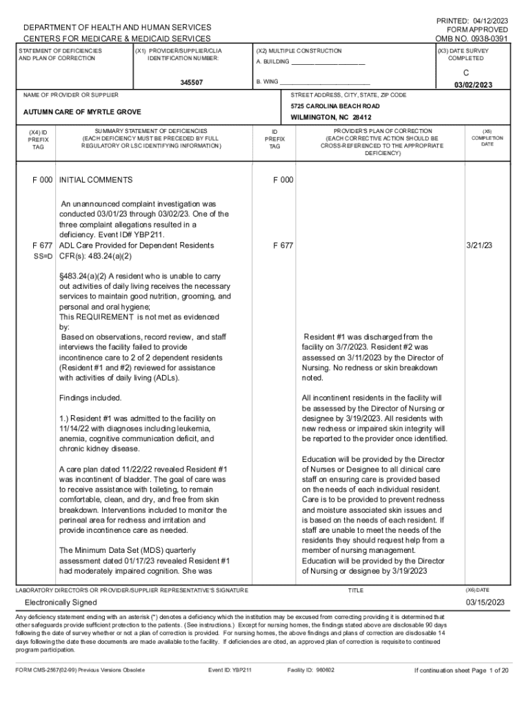Fillable Online Statement of Deficiencies and Plan of Correction Fax Email Print - pdfFiller