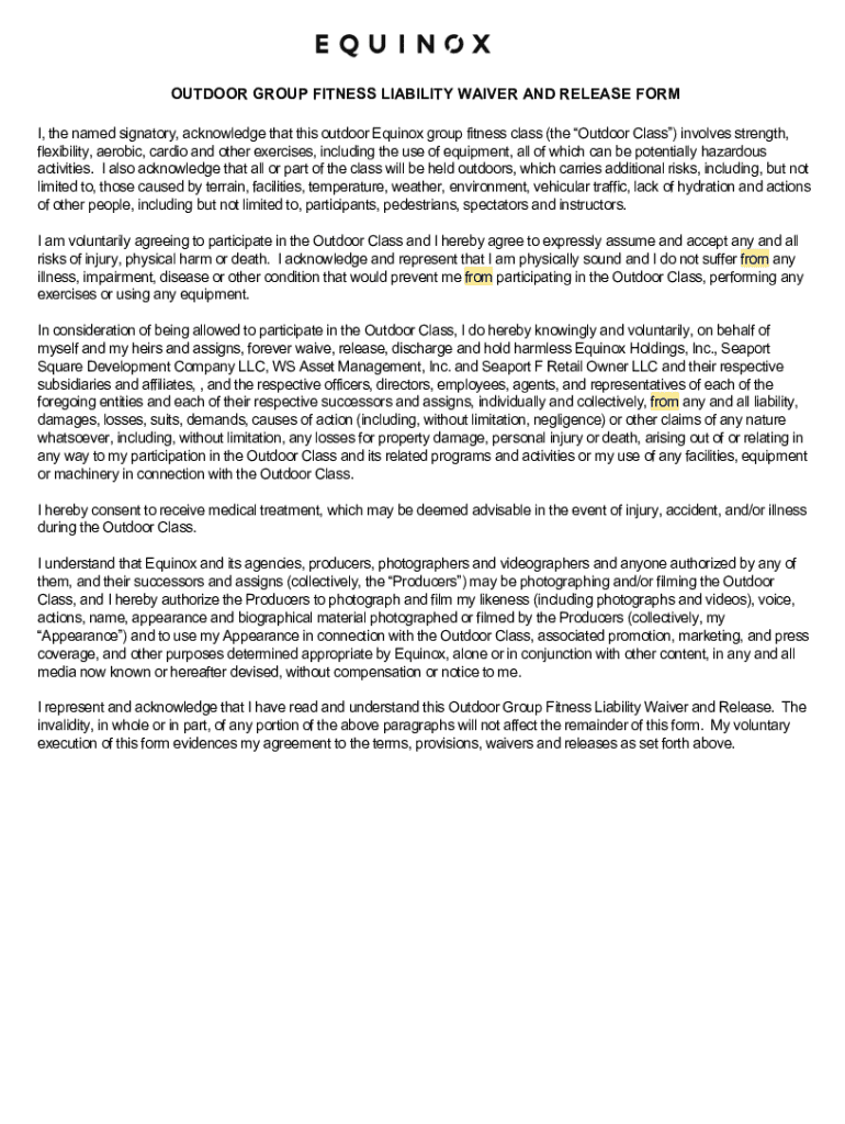 Fillable Online Outdoor Group Fitness Liability Waiver and Release Fax ...