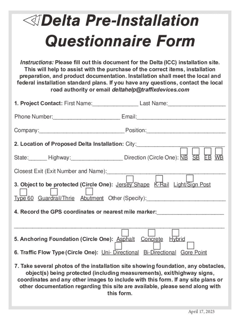 Fillable Online Delta Pre-installation Questionnaire Fax Email Print ...