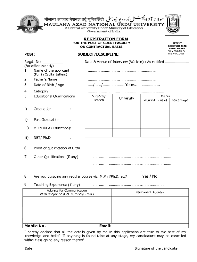 Fillable Online Registration Form for the Post of Guest Faculty on ...