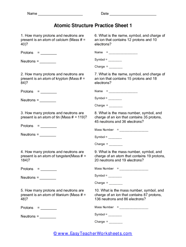Fillable Online Atomic Structure Practice Sheet Fax Email Print - pdfFiller