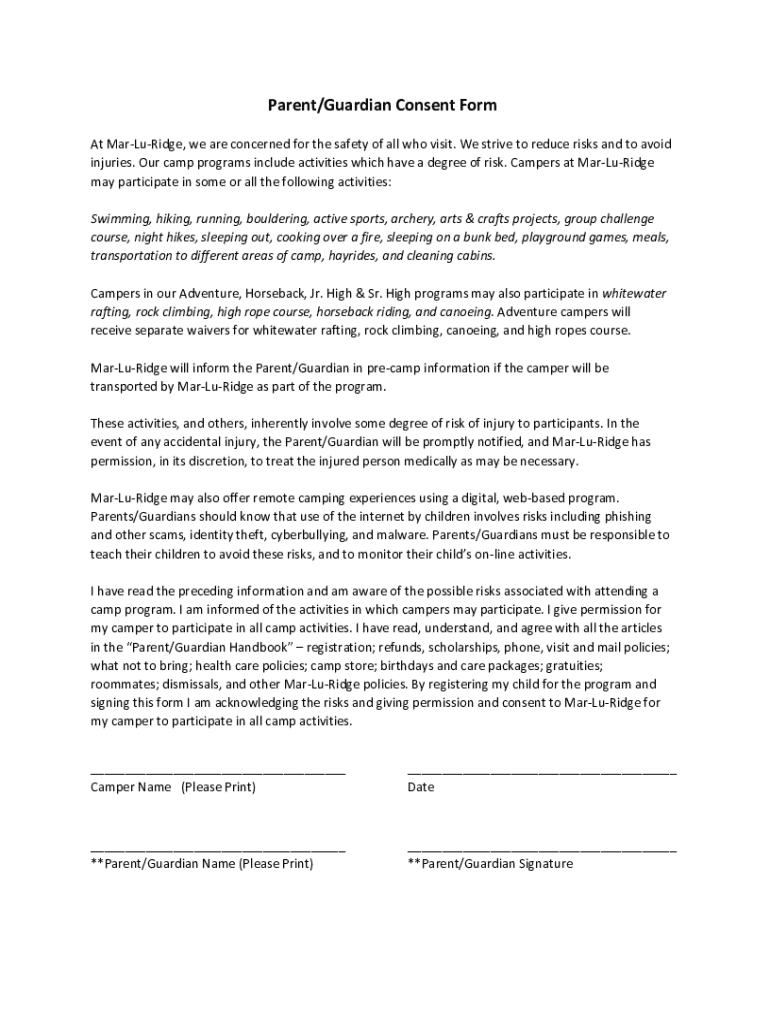 Fillable Online Parent/guardian Consent for Camp Activities Fax Email Print - pdfFiller