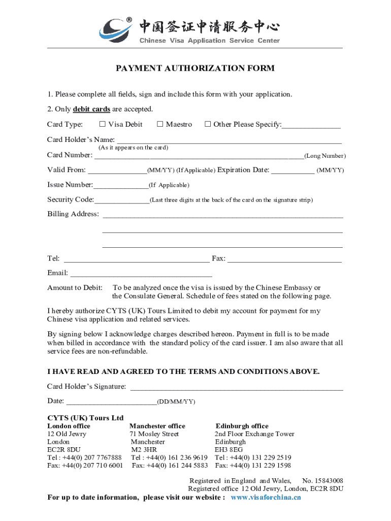 Fillable Online Payment Authorization Form for Chinese Visa Application Fax Email Print - pdfFiller