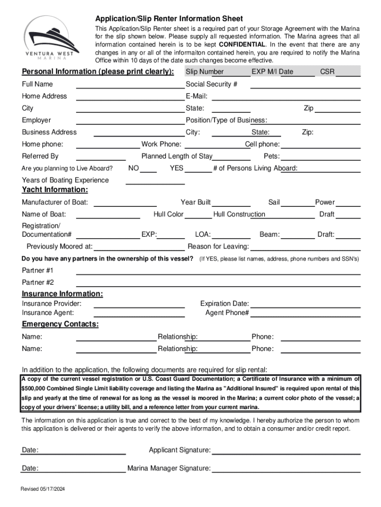 Fillable Online Application/slip Renter Information Sheet Fax Email ...