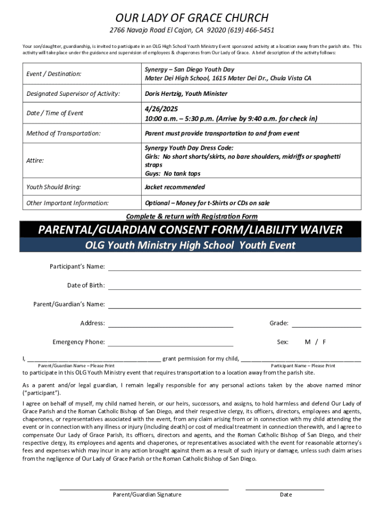 Fillable Online Parental/guardian Consent Form/liability Waiver for Olg Youth Ministry High ...