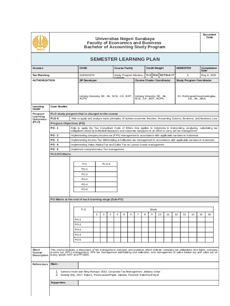 Fillable Online Semester Learning Plan for Tax Planning Fax Email Print ...