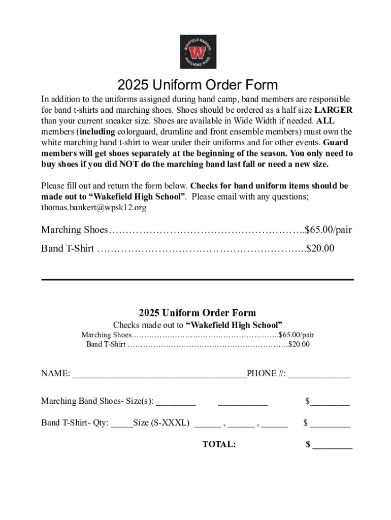 Fillable Online 2025 Uniform Order Form Fax Email Print - pdfFiller