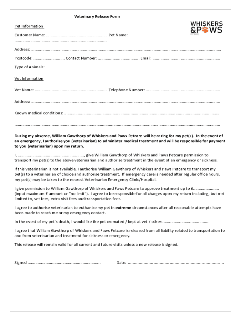 Fillable Online Veterinary Release Form Fax Email Print - pdfFiller