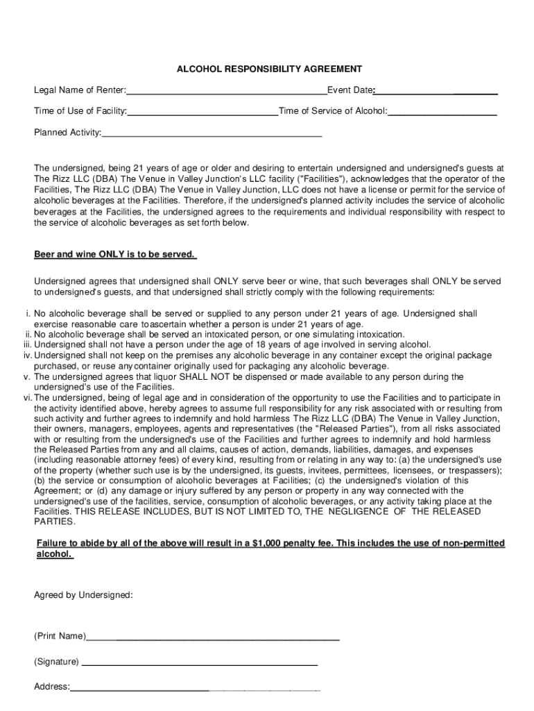 Fillable Online Alcohol Responsibility Agreement Fax Email Print ...