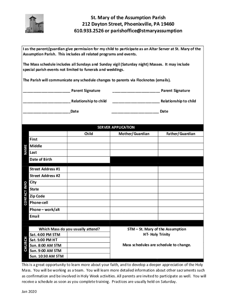 Fillable Online St. Mary of the Assumption Parish Altar Server ...