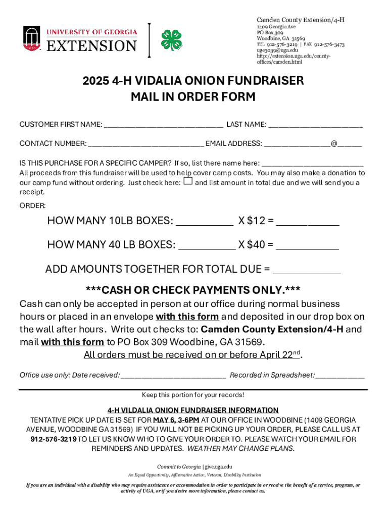 Fillable Online 2025 4-h Vidalia Onion Fundraiser Mail in Order Form ...