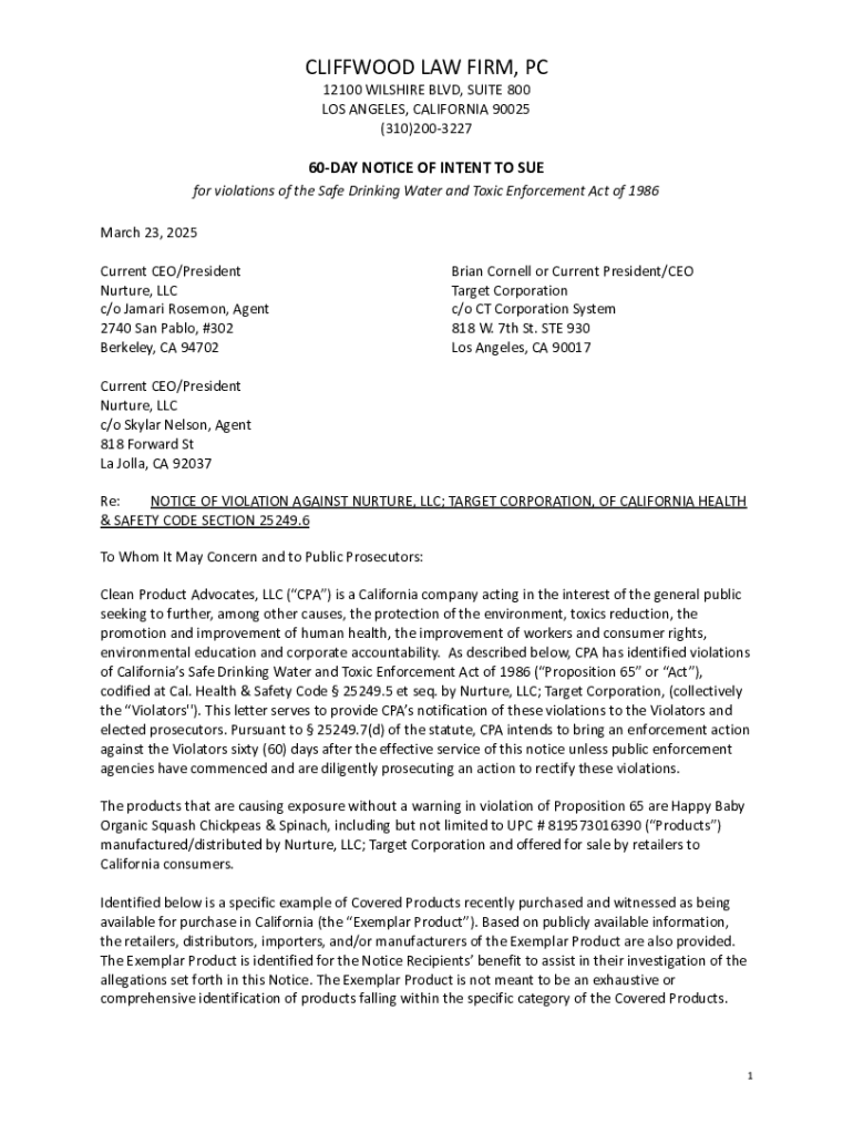 Fillable Online 60-day Notice of Intent to Sue Under Health and Safety Code Section 25249.6 Fax ...