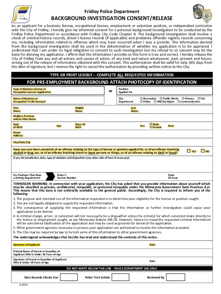 Fillable Online Background Investigation Consent/release Fax Email ...