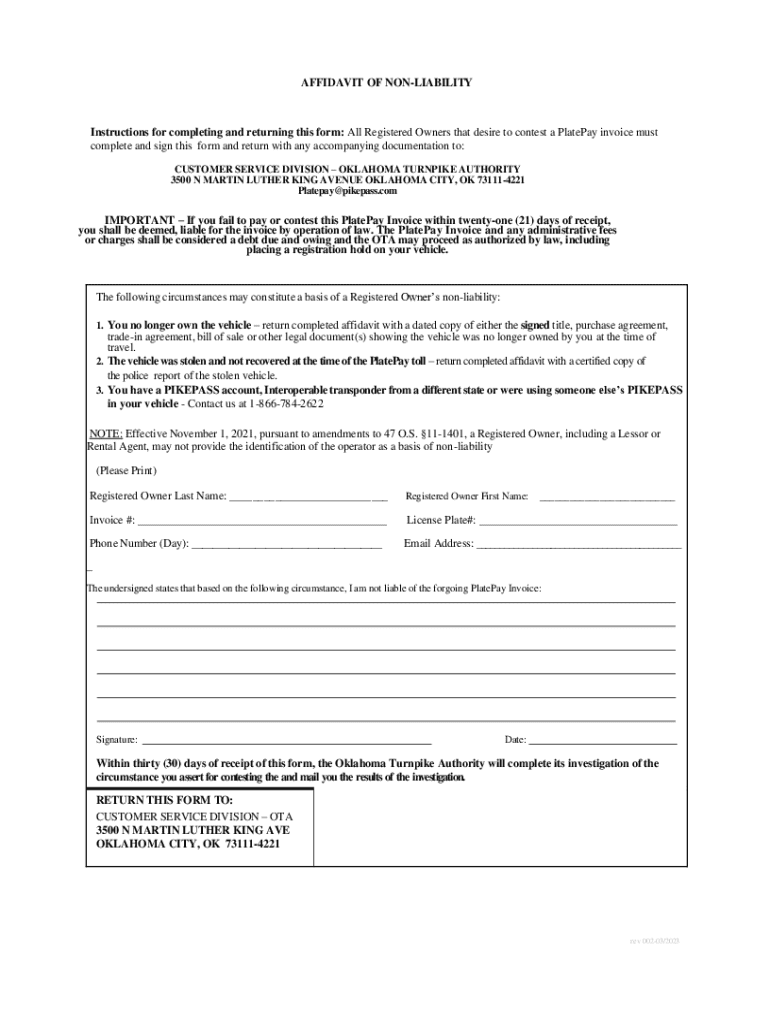Fillable Online Affidavit of Non-liability Fax Email Print - pdfFiller