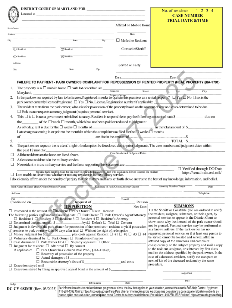 Fillable Online Failure to Pay Rent - Park Owner’s Complaint for ...